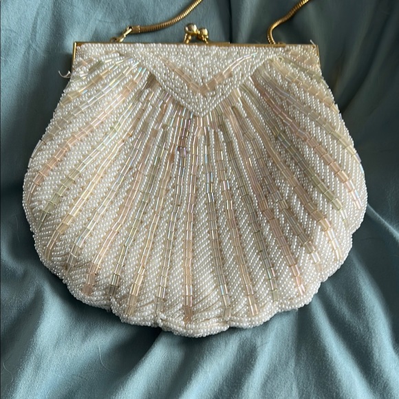Bags | Elegant Cream Beaded Clam Shell Purse | Poshmark